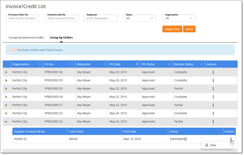 View All Invoices / Credits